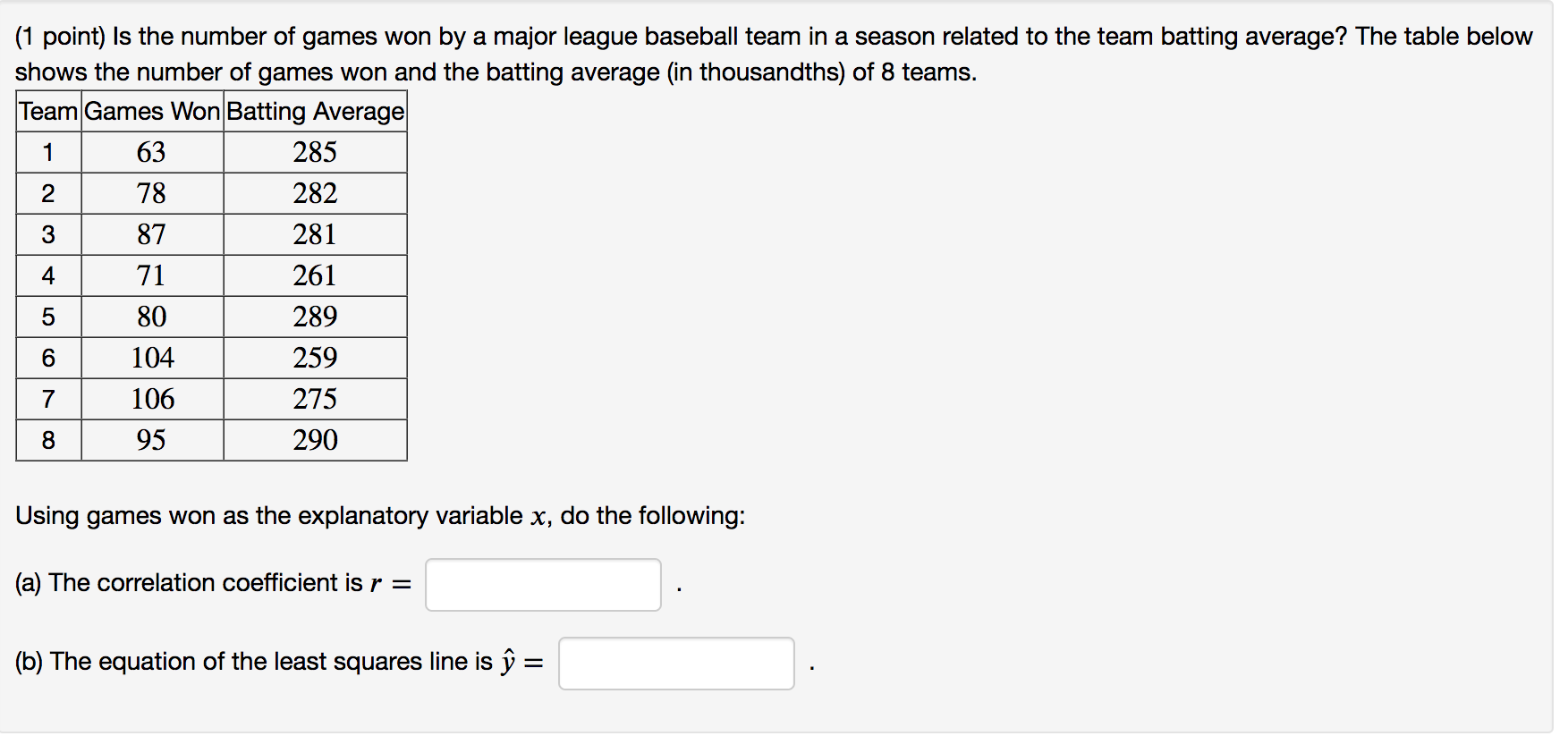 Solved (1 point) Is the number of games won by a major | Chegg.com