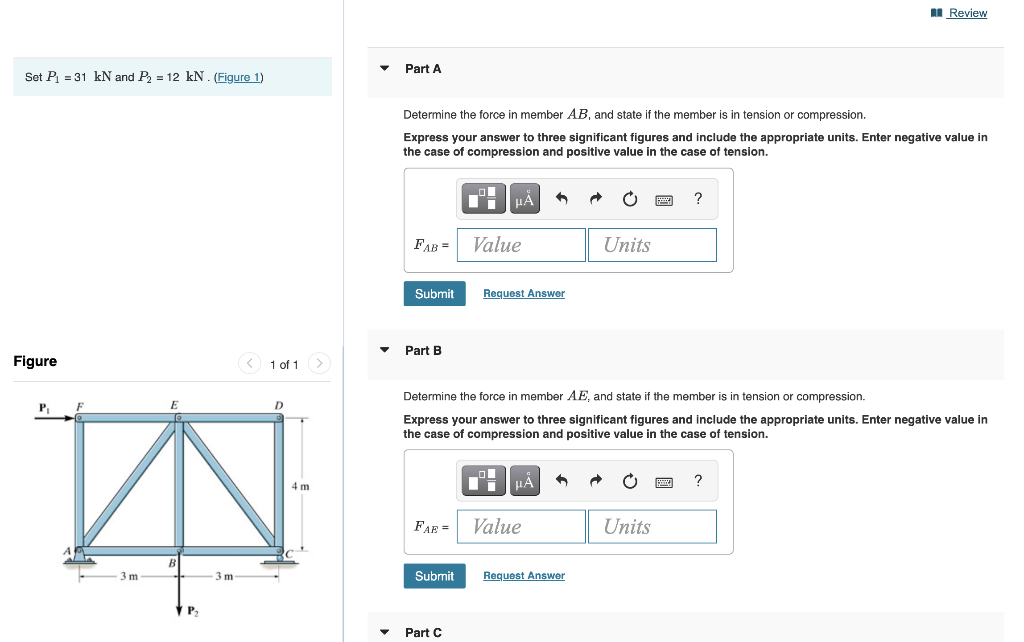 Solved Set P1=31kN and P2=12kN. Part A Determine the force | Chegg.com
