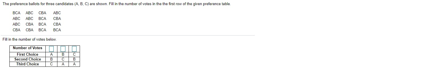 Solved The preference ballots for three candidates (A, B, C) | Chegg.com