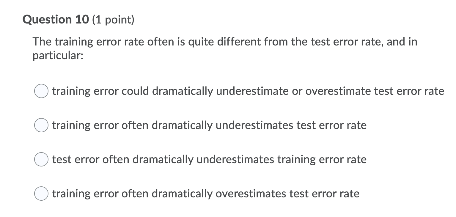 Solved Question 10 (1 point) The training error rate often | Chegg.com