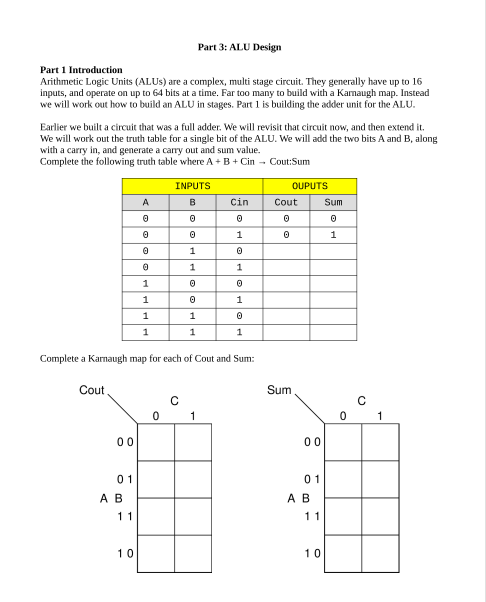 Solved Part 3: ALU Design Part 1 Introduction Arithmetic | Chegg.com