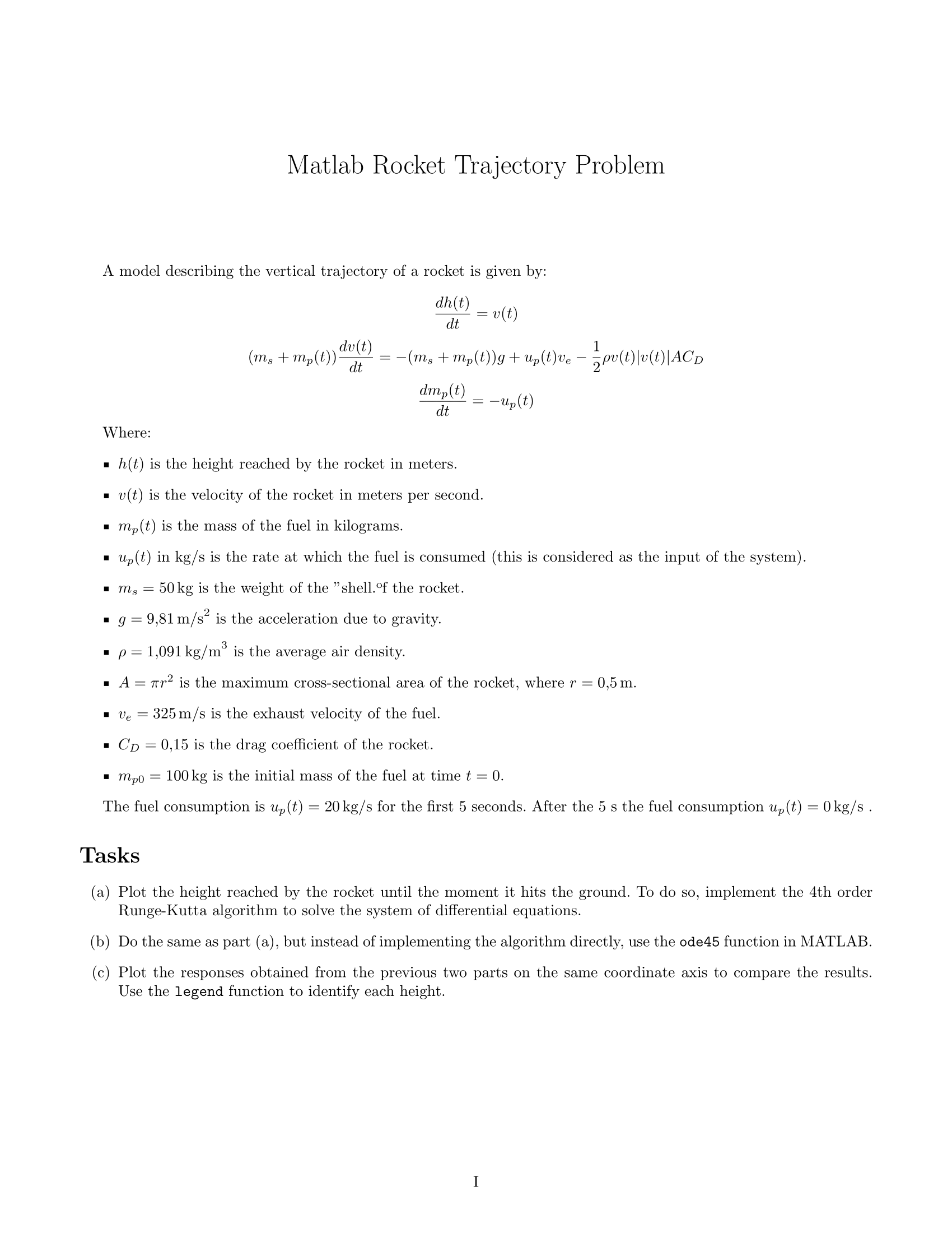 Solved MATLABA model describing the vertical trajectory of a | Chegg.com