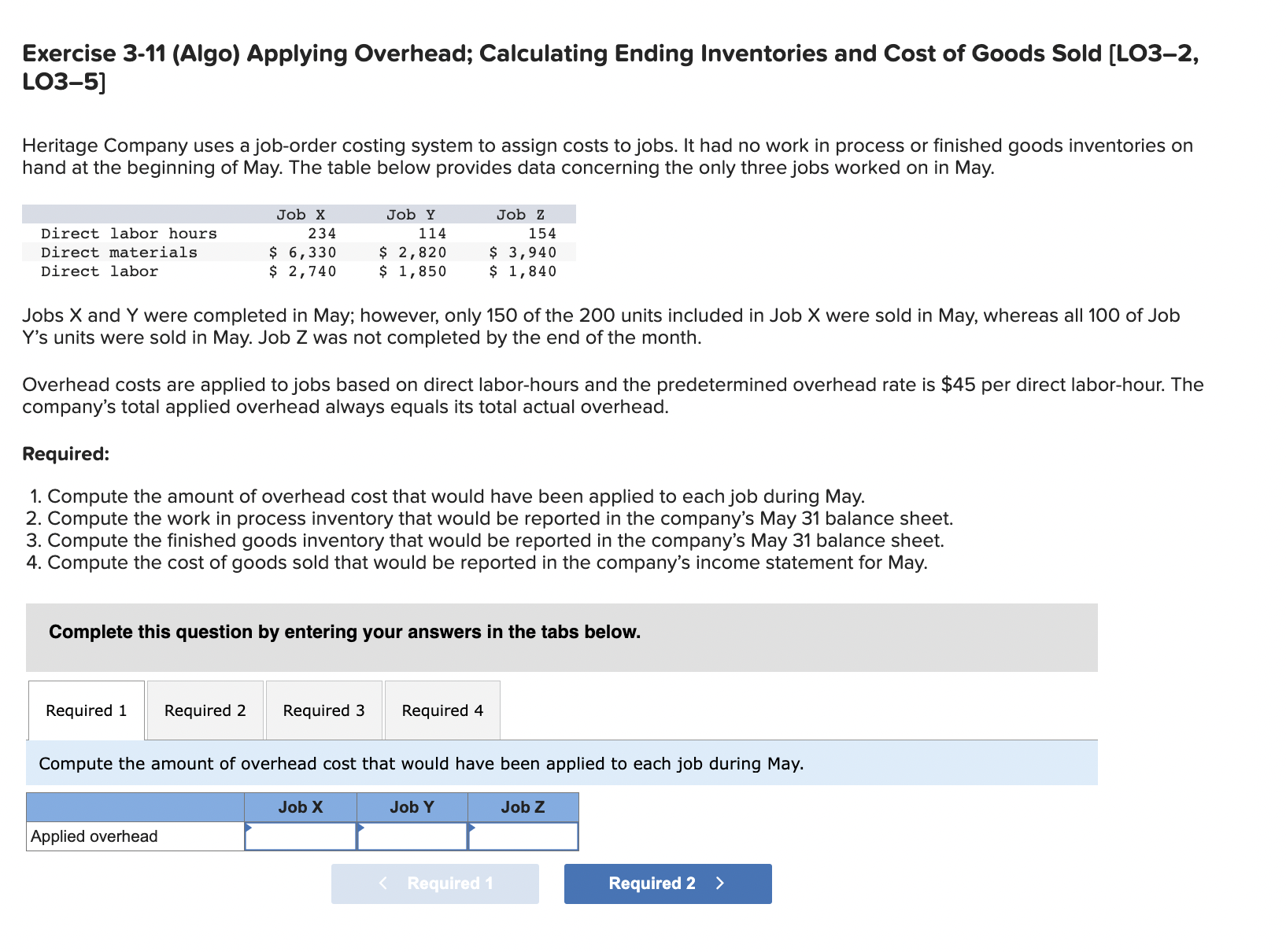 Solved Exercise 3-11 (Algo) Applying Overhead; Calculating | Chegg.com
