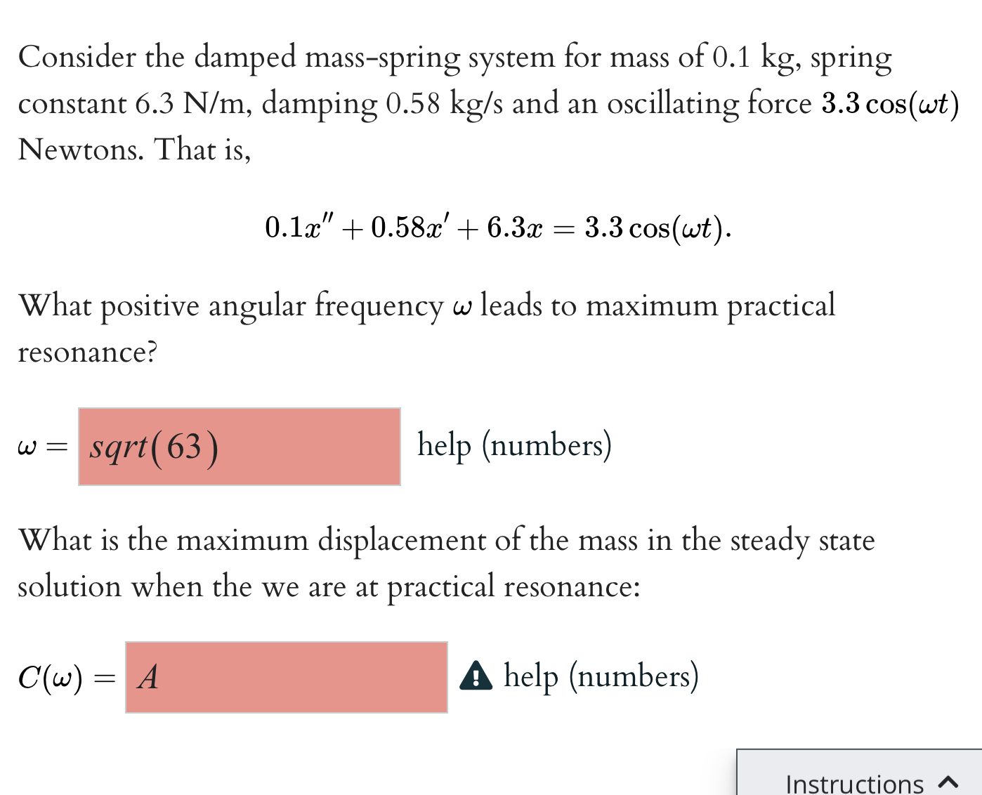Solved Consider the damped mass-spring system for mass of | Chegg.com