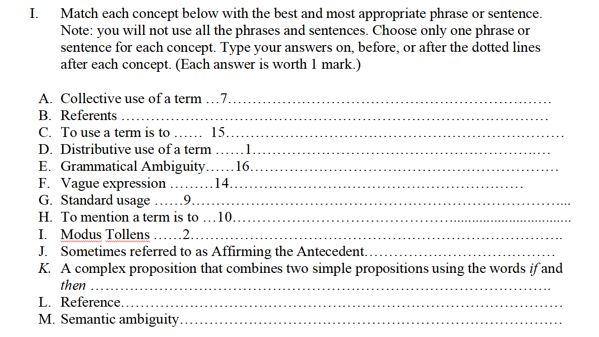 I. Match each concept below with the best and most | Chegg.com