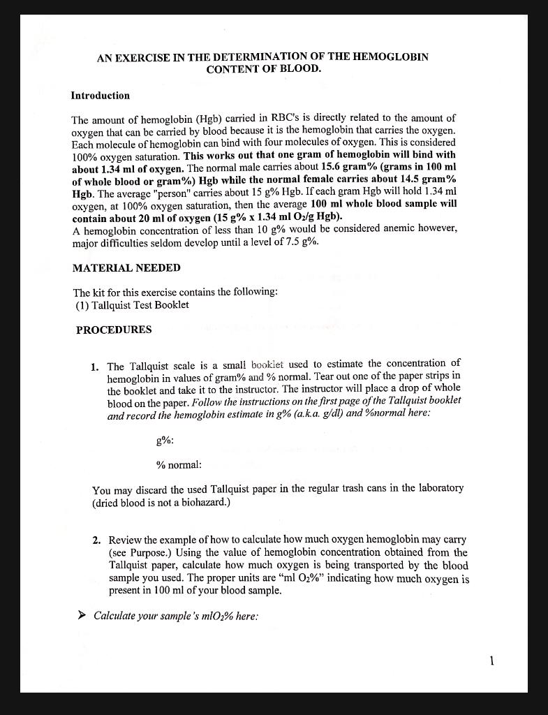 Solved AN EXERCISE IN THE DETERMINATION OF THE HEMOGLOBIN | Chegg.com