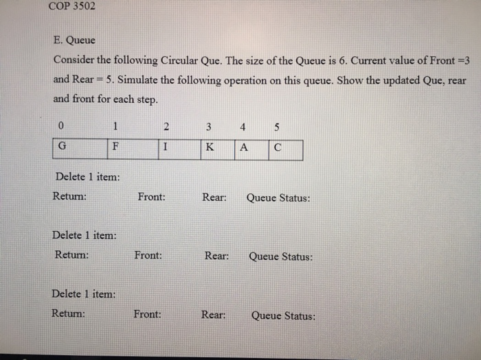 Solved COP 3502 E. Queue Consider the following Circular | Chegg.com