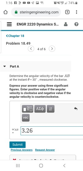 Solved 1:16 公 을steringengineering.com 0 ENGR 2220 Dynamics | Chegg.com