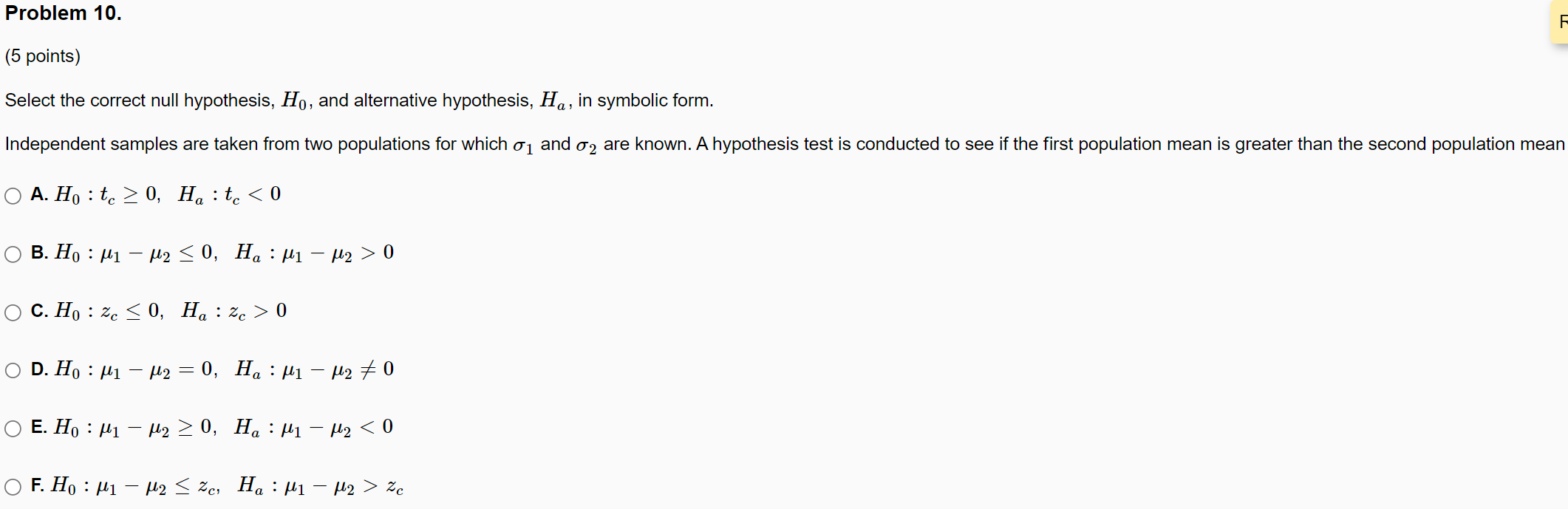 Solved Select the correct null hypothesis, H0, and | Chegg.com