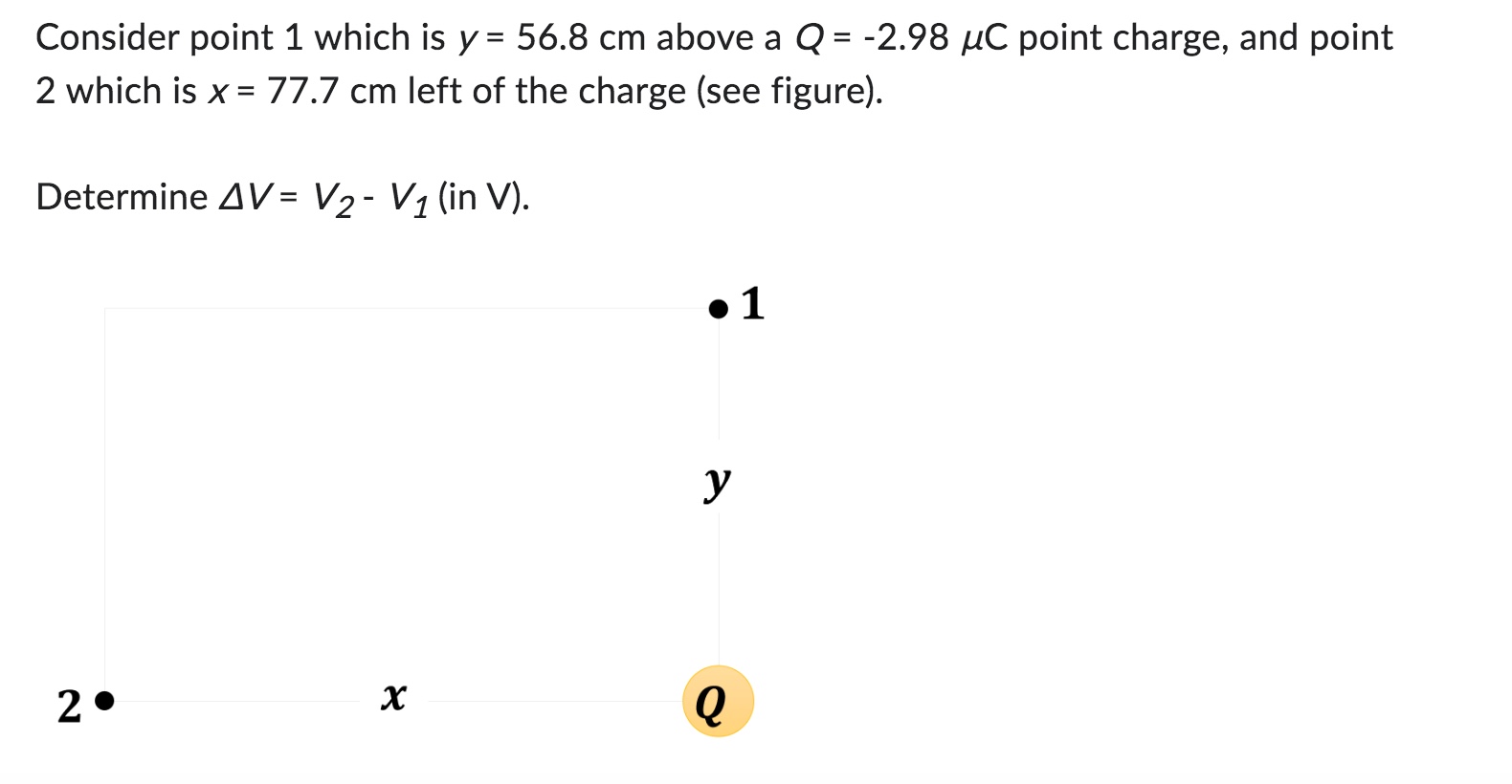 Solved Consider point 1 which is y=56.8 cm above a Q=−2.98μC | Chegg.com