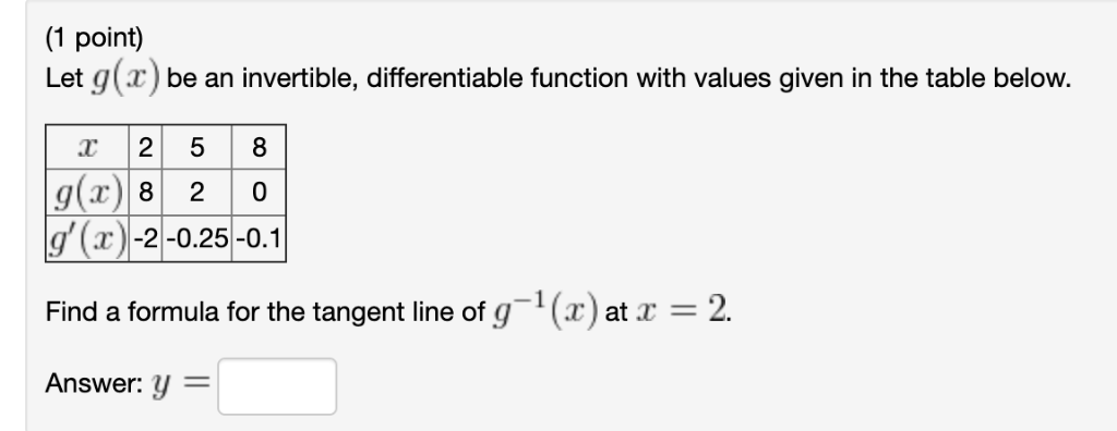 Solved (1 point) Let g(a) be an invertible, differentiable | Chegg.com