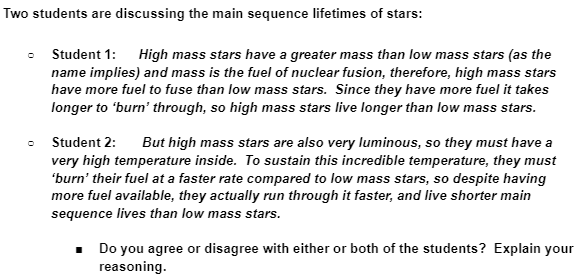 Solved Two students are discussing the main sequence | Chegg.com