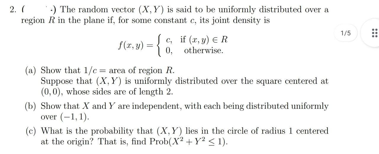 Solved 2. ( .) The random vector (X,Y) is said to be | Chegg.com