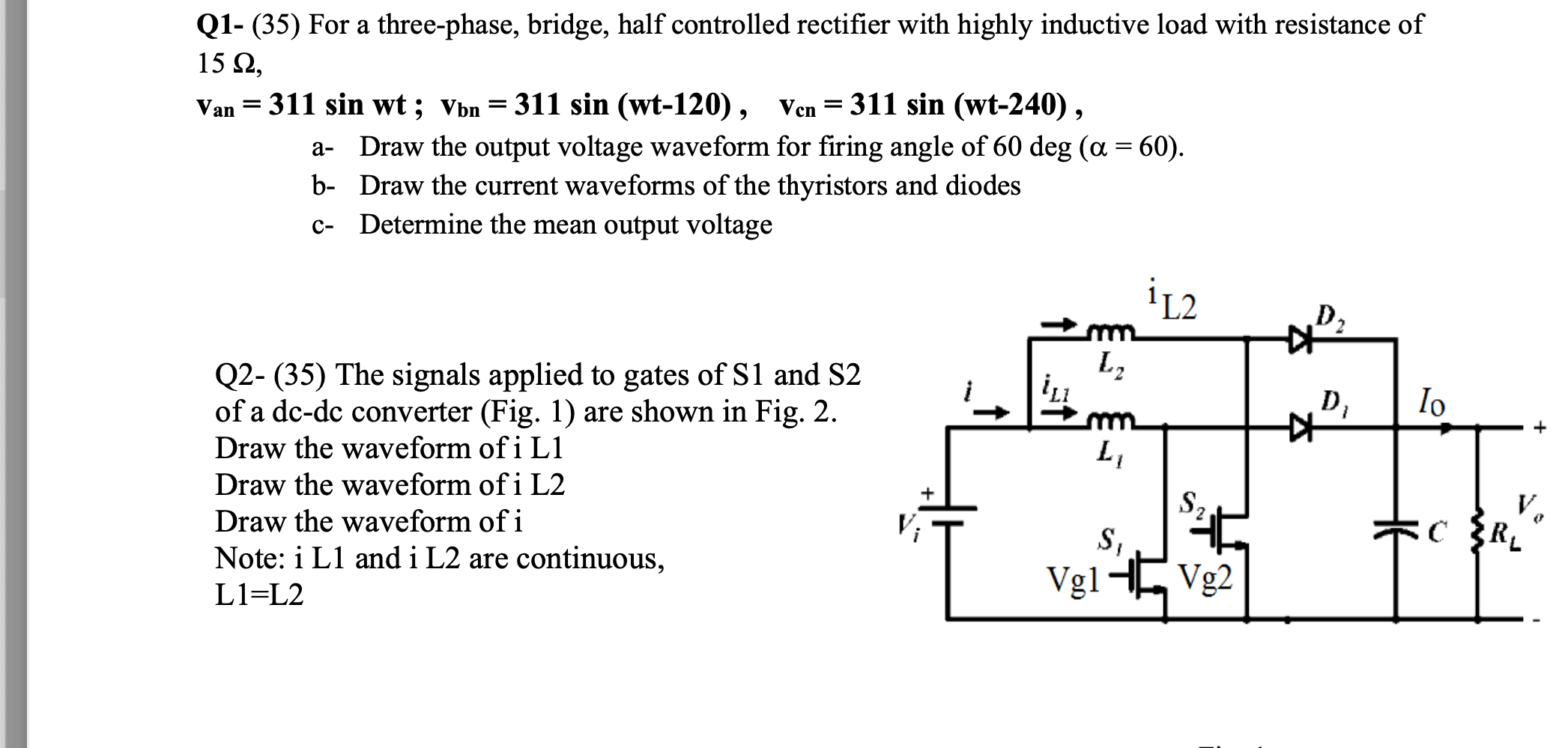Solved Q1- (35) For a three-phase, bridge, half controlled | Chegg.com