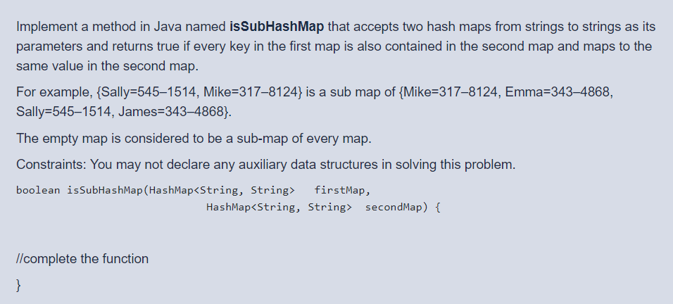 Solved Implement a method in Java named isSubHashMap that | Chegg.com
