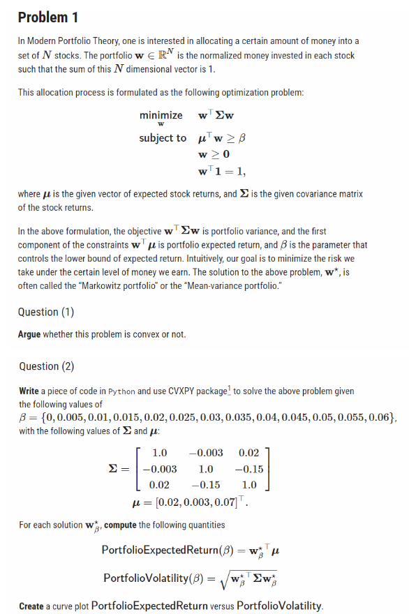 Solved In Modern Portfolio Theory, one is interested in | Chegg.com