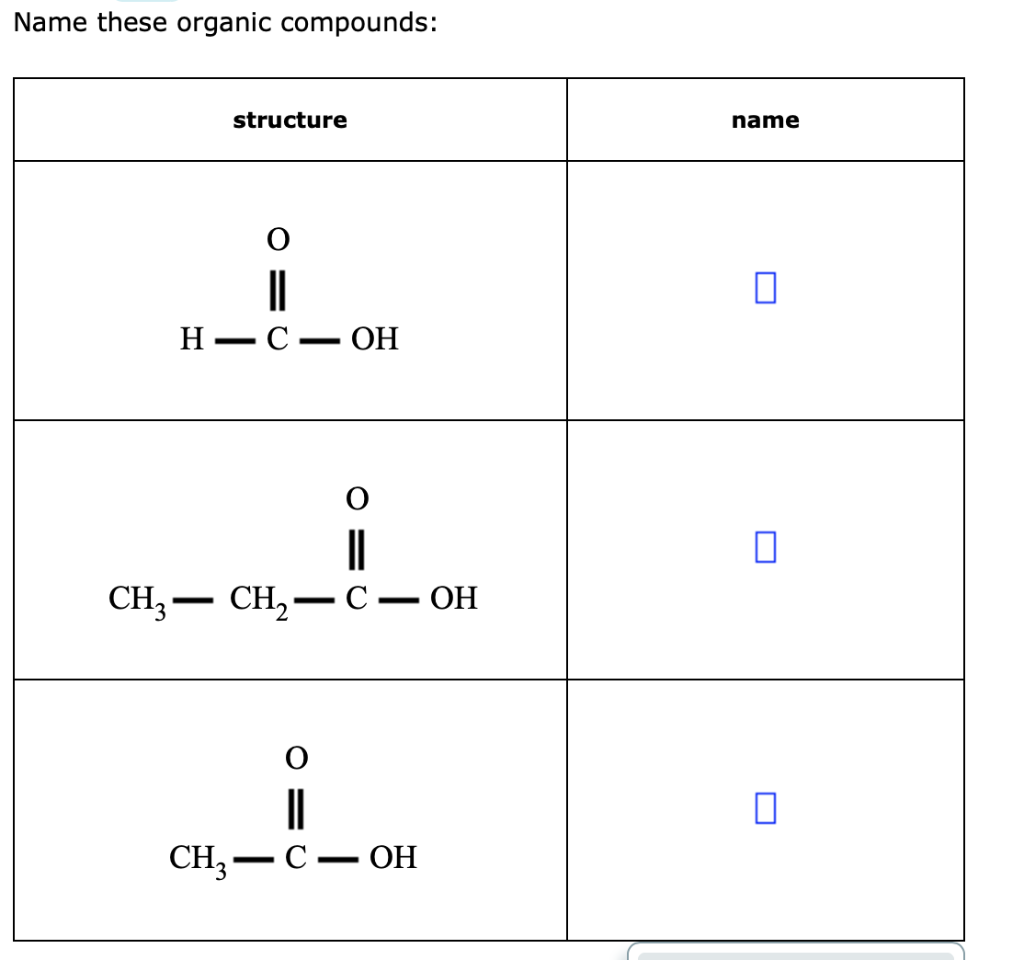 Solved Name these organic compounds: structure name O II H | Chegg.com