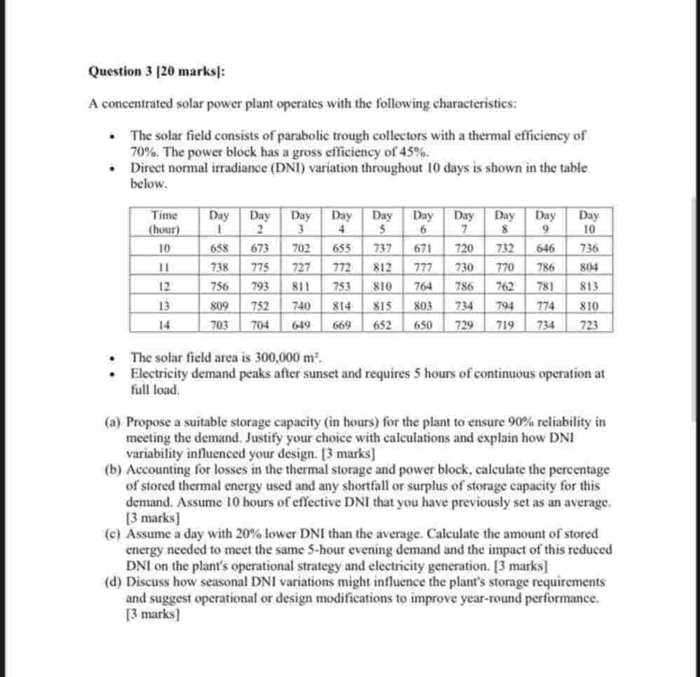 Solved Question 3 [20 ﻿marks]:A concentrated solar power | Chegg.com
