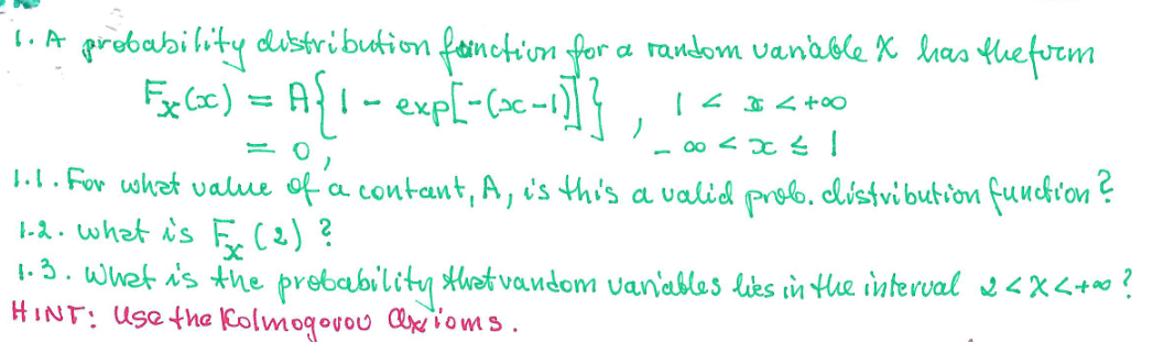 Solved 1. A probability distribution fanction for a random | Chegg.com
