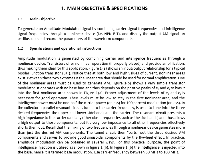 1. MAIN OBJECTIVE & SPECIFICATIONS 1.1 Main Objective | Chegg.com