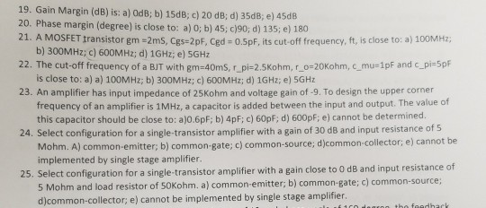 Solved 19. Gain Margin (dB) is: a) OdB; b) 15dB; c) 20 dB; | Chegg.com