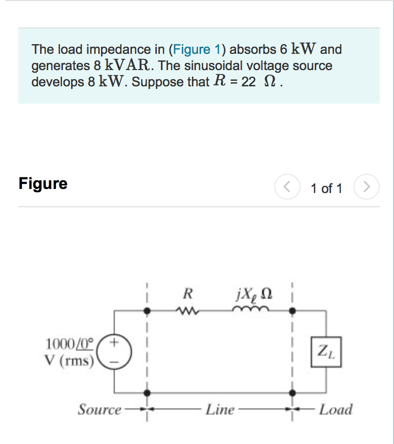 Solved The load impedance in (Figure 1) absorbs 6 kW and | Chegg.com