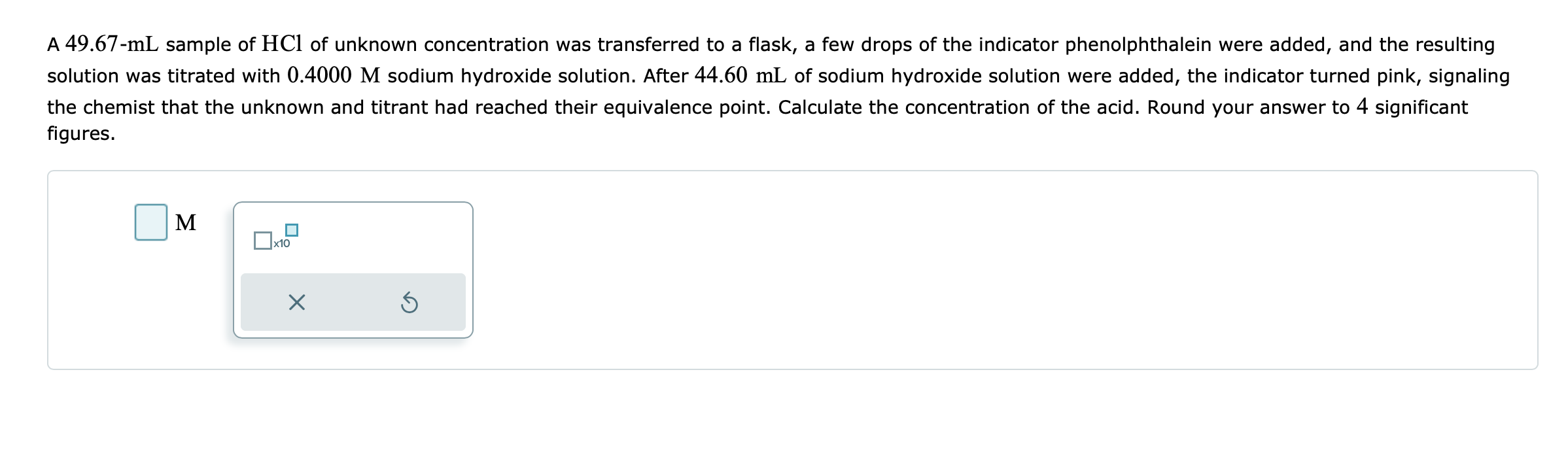 Solved A 49.67-mL sample of HCl of unknown concentration was | Chegg.com