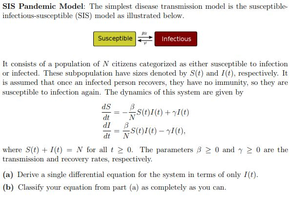 Solved SIS Pandemic Model: The simplest disease transmission | Chegg.com