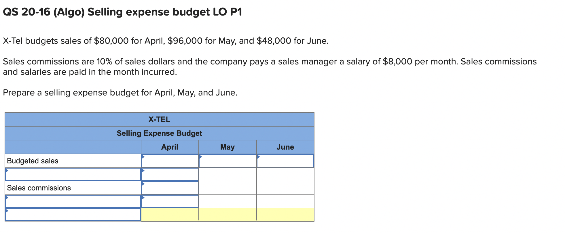 Solved QS 20-16 (Algo) Selling expense budget LO P1 X-Tel | Chegg.com