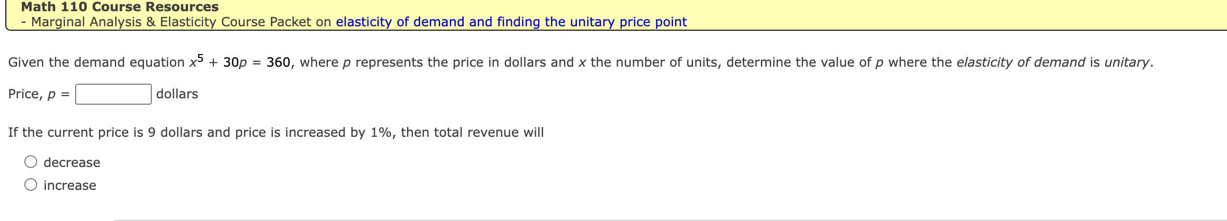 Solved - Marginal Analysis \& Elasticity Course Packet on | Chegg.com