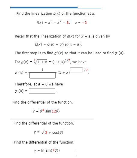 Solved Find the linearization L(x) of the function at a. | Chegg.com