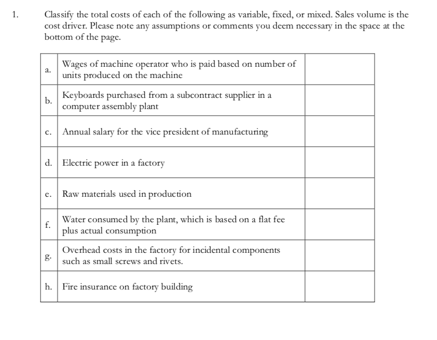 Solved 1. Classify the total costs of each of the following | Chegg.com