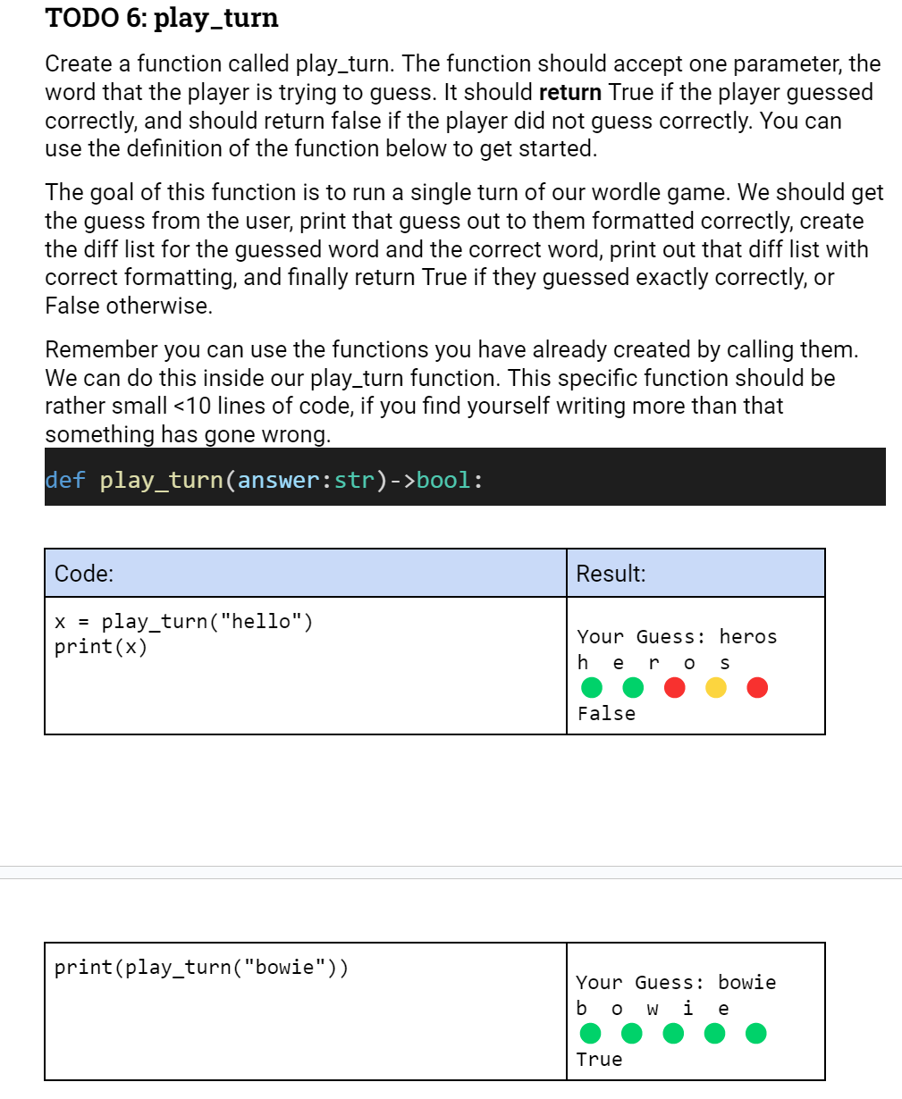 Solved TODO 6: play_turn Create a function called play_turn. | Chegg.com