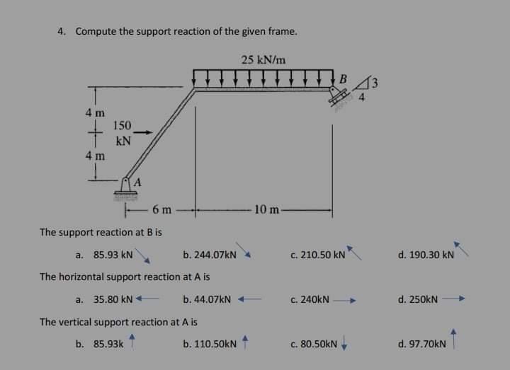 Solved 4. Compute the support reaction of the given frame. | Chegg.com