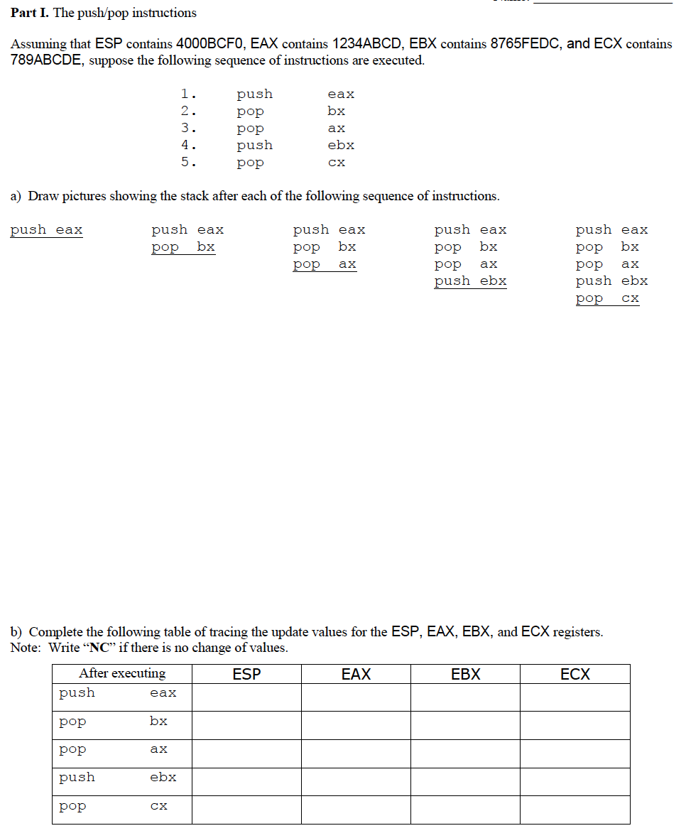 Part I. The push/pop instructions Assuming that ESP | Chegg.com