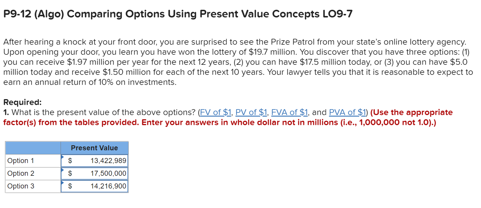 Solved P9-12 (Algo) Comparing Options Using Present Value | Chegg.com