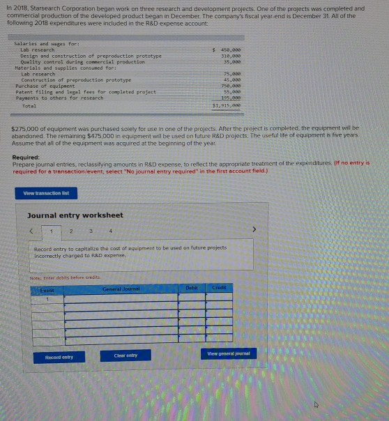 Solved In 2018, Starsearch Corporation began work on three | Chegg.com