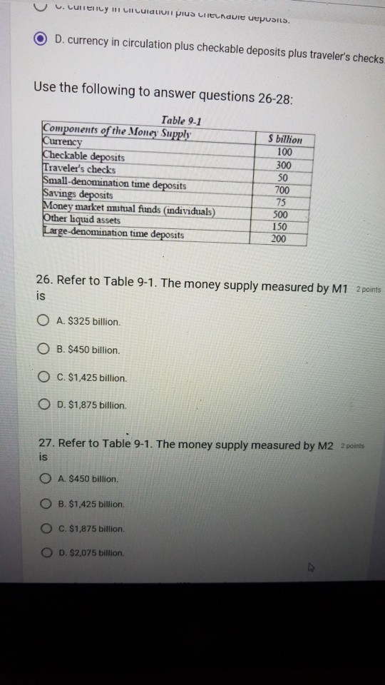 Solved O D. currency in circulation plus checkable deposits | Chegg.com