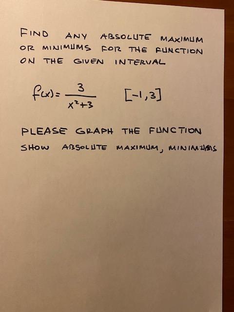 Solved FIND ANY ABSOLUTE MAXIMUM OR MINIMUMS FOR THE | Chegg.com