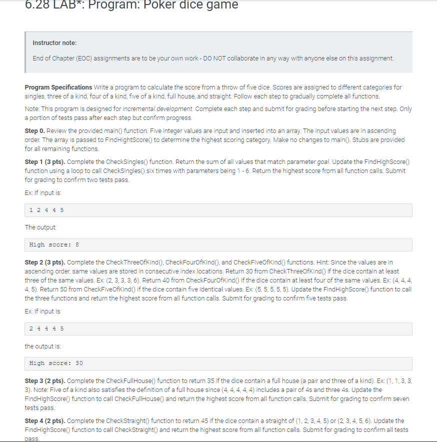 Solved 6.28 LAB*: ∗ Program: Poker dice game Instructor | Chegg.com