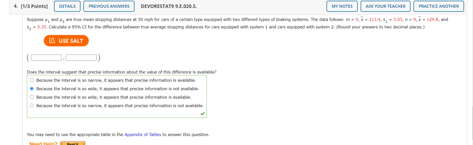 Solved 4. [1/3 Points] DETAILS PREVIOUS ANSWERS DEVORESTAT9 | Chegg.com