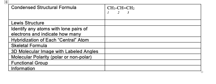 Solved + Condensed Structural Formula CH3-CH=CH2 1 2 3 Lewis | Chegg.com