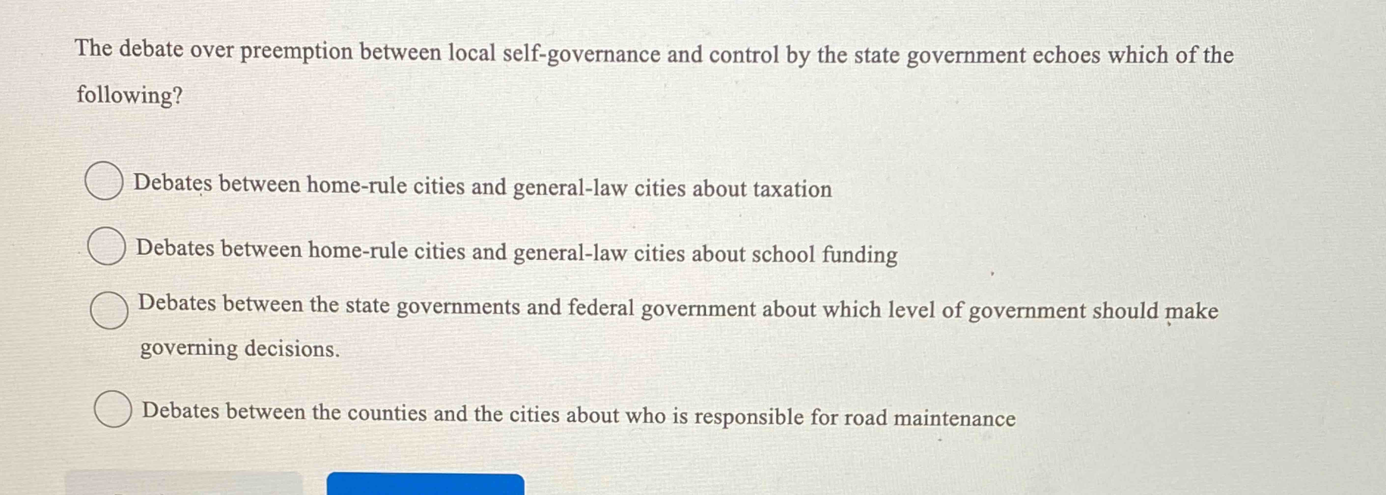 Solved The debate over preemption between local | Chegg.com