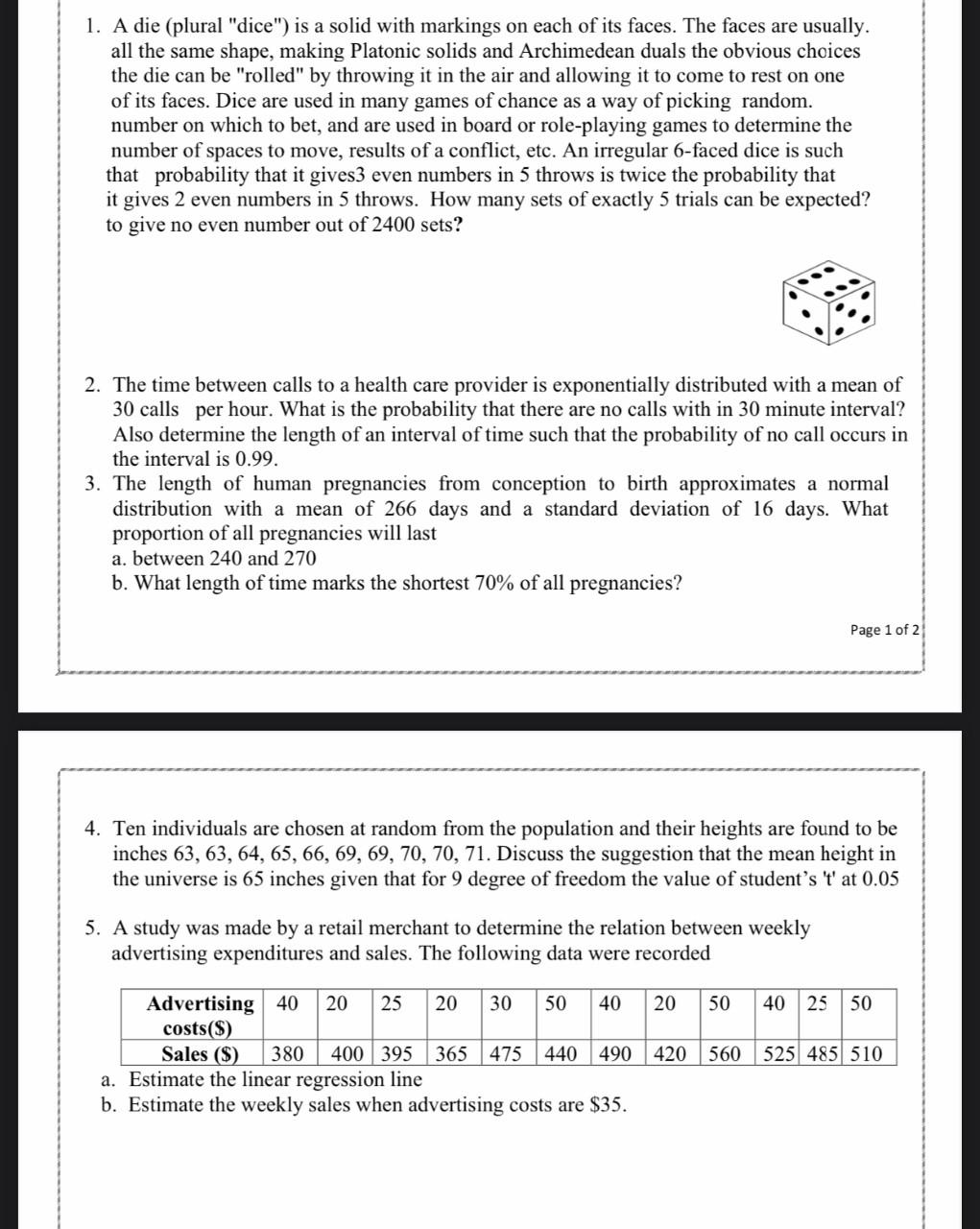 Solved 1. A die (plural "dice") is a solid with markings on | Chegg.com