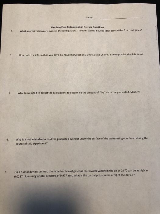 Solved Name Absolute Zero Determination Pre Lab Questions