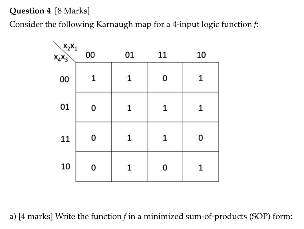 Solved Question 4 [8 Marks] Consider the following Karnaugh | Chegg.com