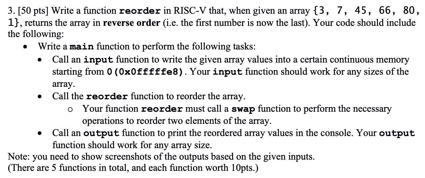 3. [50 pts] Write a function reorder in RISC-V that, | Chegg.com