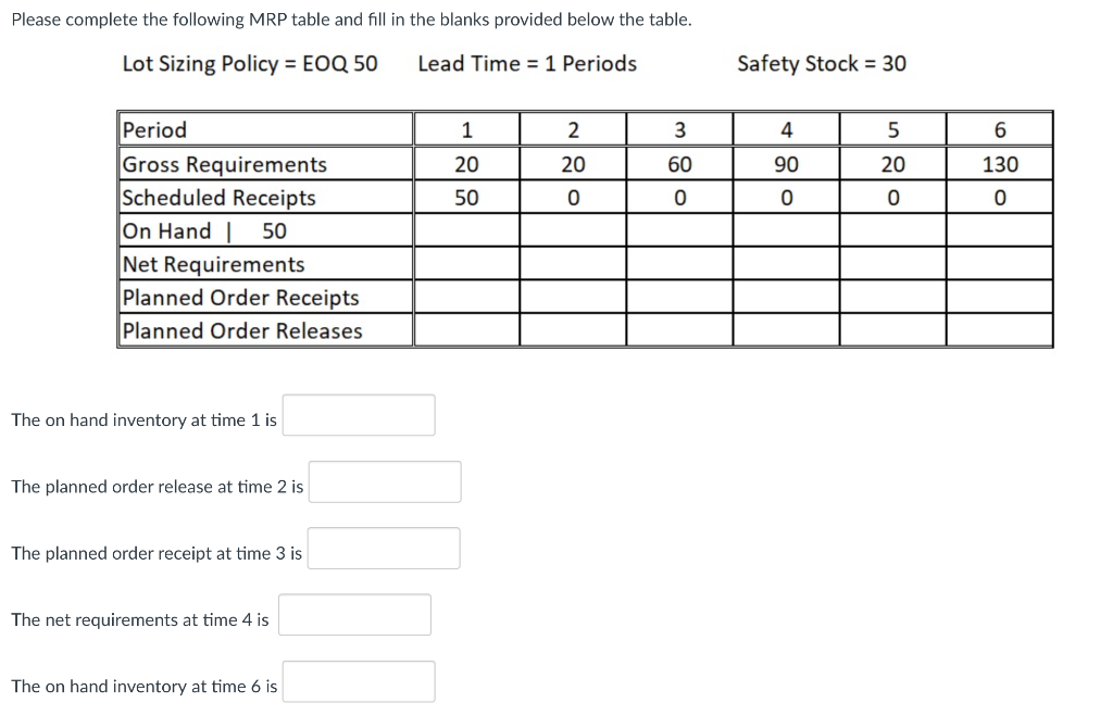 Solved Please complete the following MRP table and fill in | Chegg.com