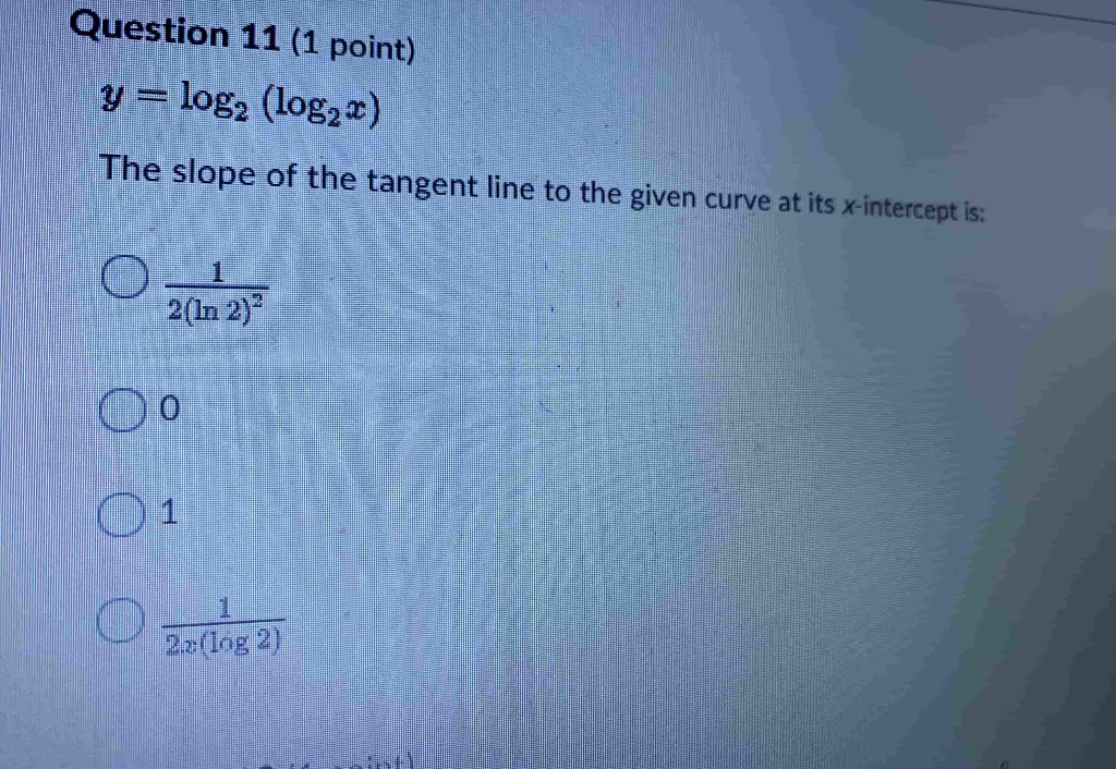 Solved Question 11 (1 point) y = log2 (log2x) The slope of | Chegg.com Solved Question 11 (1 point) y = log2 (log2x) The slope of | Chegg.com