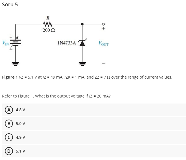 Solved Soru 5 R w 200 Ω VIN IN4733A VOUT Figure 1 V2 = 5.1 V | Chegg.com